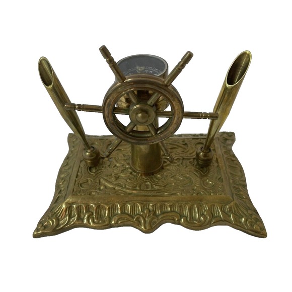 Office | Vintage All Brass Ship Wheel Nautical Compass Desktop Double ...
